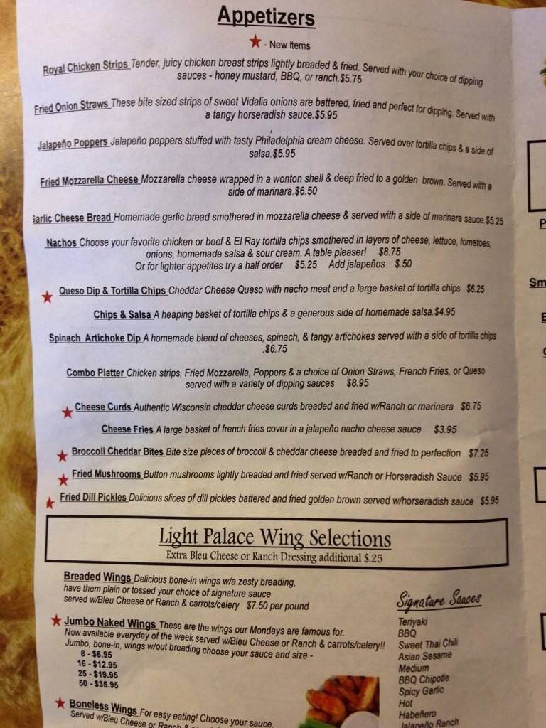 Menu at Light Palace pub & bar, Cudahy, S Packard Ave