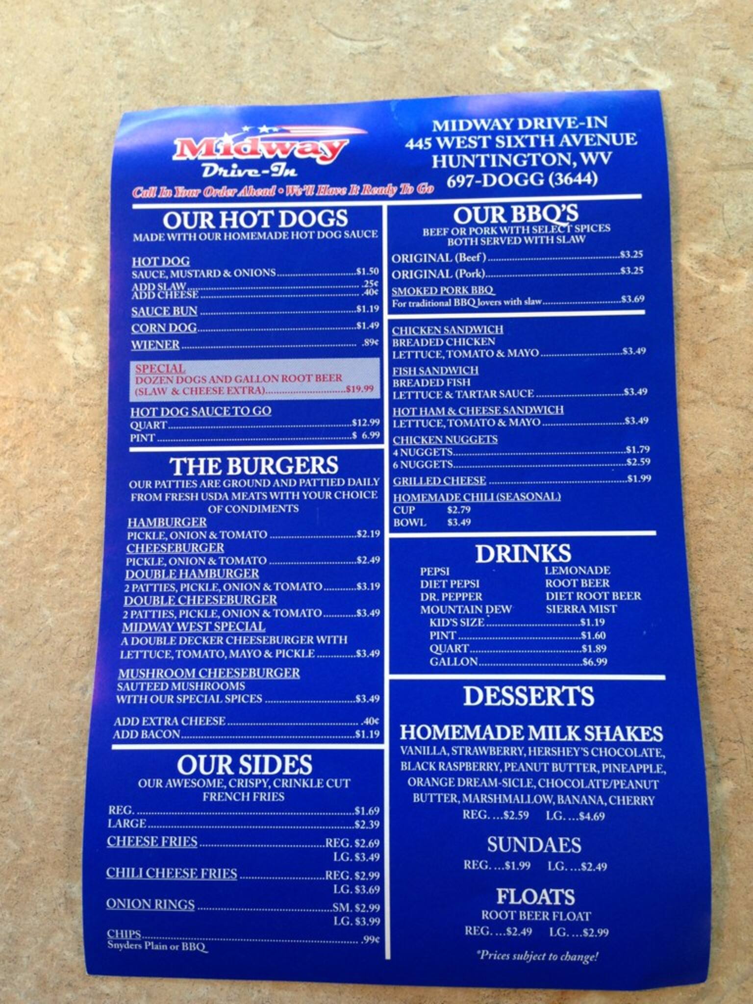 Midway West menu, Menu restauracji Midway West, Huntington, Huntington ...