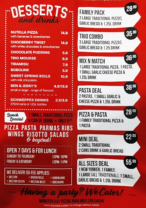 Menu at Victoria's Pizza & Beyond restaurant, Melton