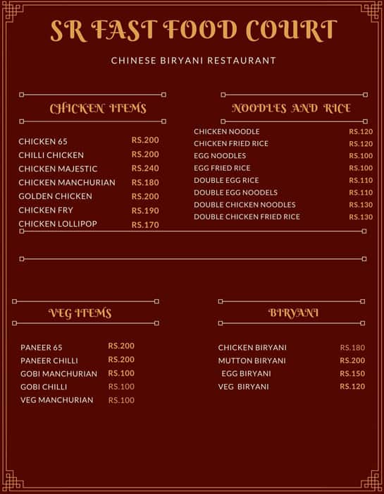 Menu of SR Fast Food Court, Saroor Nagar, Hyderabad