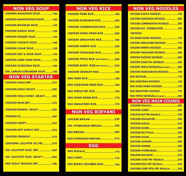 Menu of Kavya Restaurant Chinese Corner, Kopar Khairane, Navi Mumbai