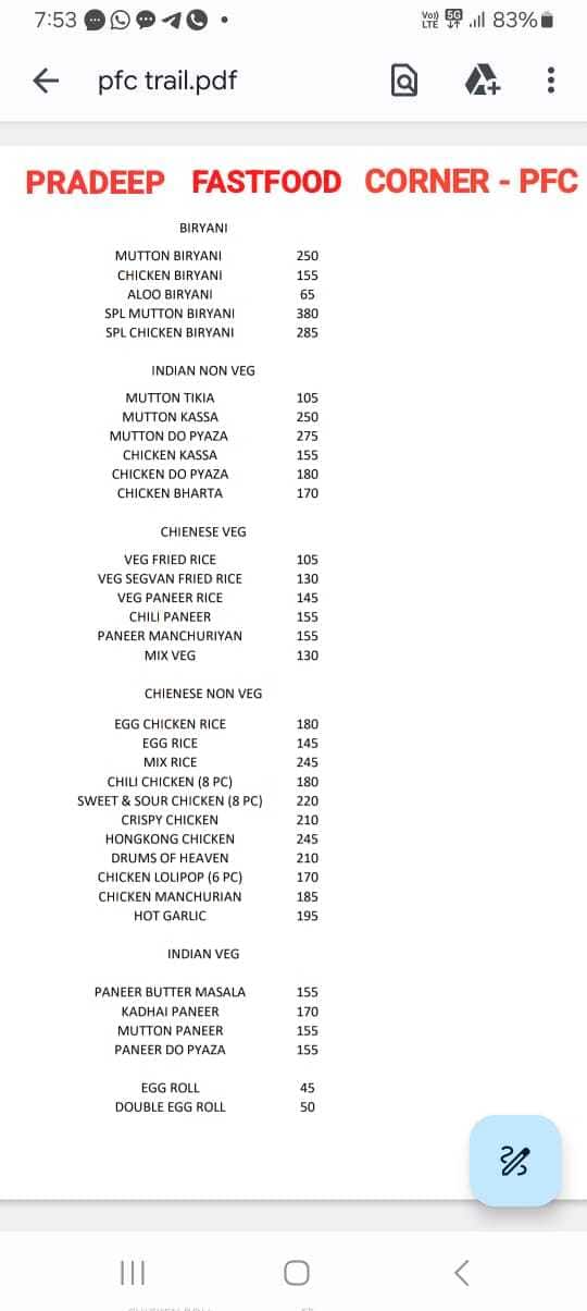 Menu of Pradeep Fast Food Corner - PFC, Barrackpore, Kolkata