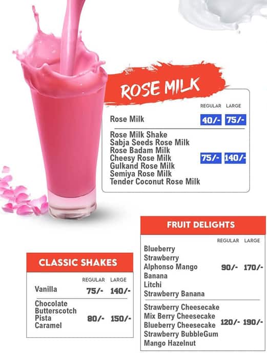 Menu of Rose Milk Factory, Ambattur, Chennai