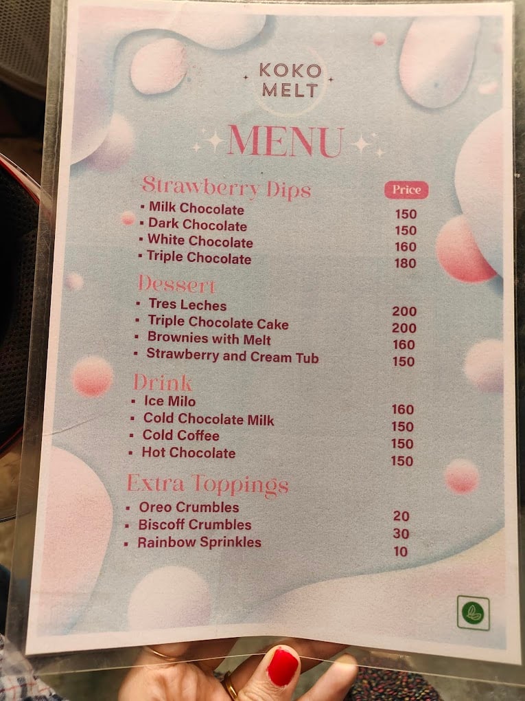 Menu of Koko Melt, Besant Nagar, Chennai