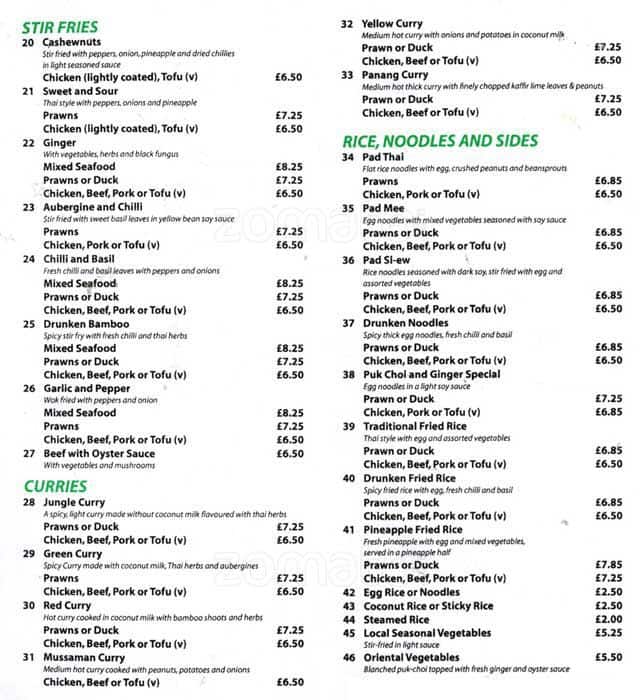 Menu at Thai Metro restaurant, London