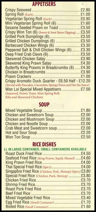 Menu at Wan Loi sgu restaurant, London