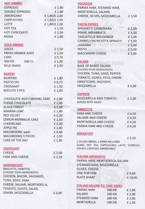 Menu at Smile Caffe cafe, London