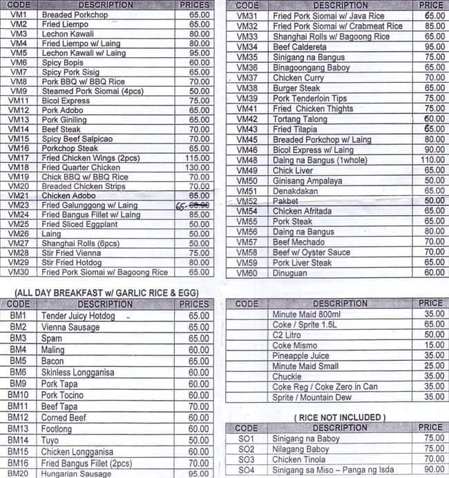 Menu at Baby B's restaurant, Makati