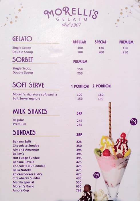 Menu at Morelli's Gelato cafe, Mandaluyong