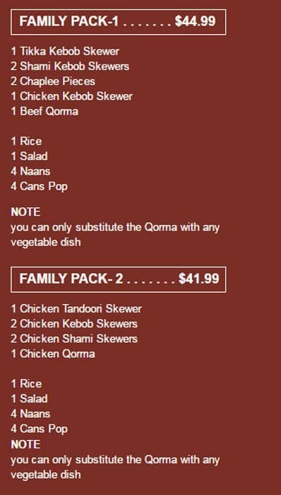 Menu at Afghan Kebob Cuisine restaurant, Toronto, 2298 Islington Ave