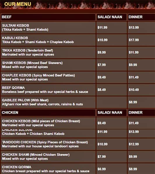 Menu at Afghan Kebob Cuisine restaurant, Toronto, 2298 Islington Ave
