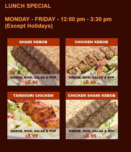 Menu at Afghan Kebob Cuisine restaurant, Toronto, 2298 Islington Ave