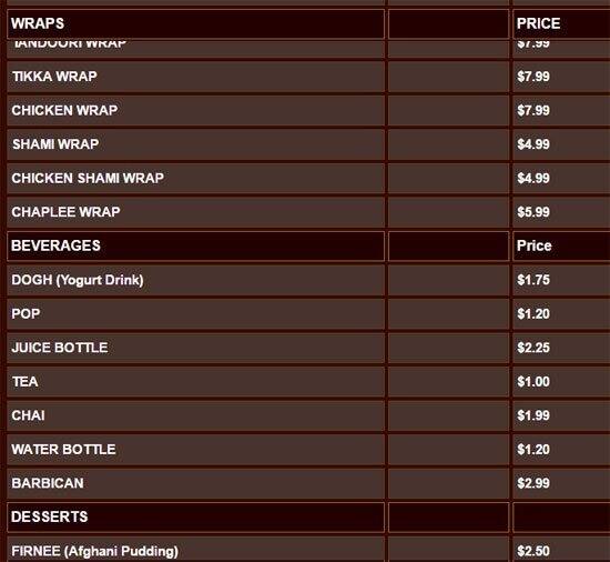 Menu at Afghan Kebob Cuisine restaurant, Toronto, 2298 Islington Ave