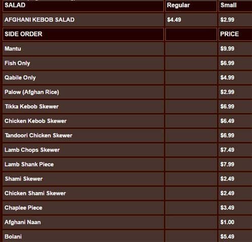 Menu at Afghan Kebob Cuisine restaurant, Toronto, 2298 Islington Ave