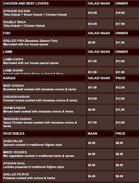 Menu at Afghan Kebob Cuisine restaurant, Toronto, 2298 Islington Ave