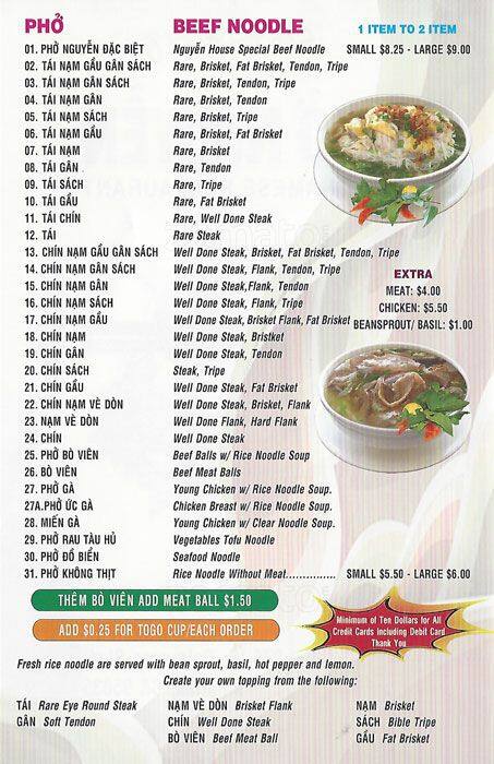 Pho Nguyen Menu, Menu for Pho Nguyen, Milpitas, Milpitas - Urbanspoon ...