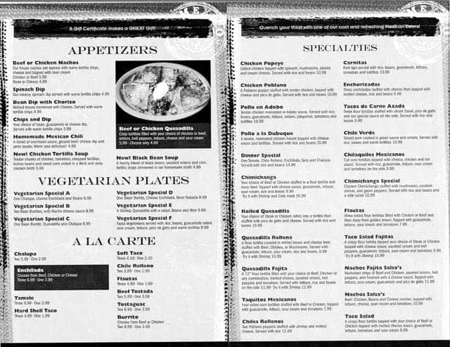 Menu at Salsa's restaurant, Dubuque