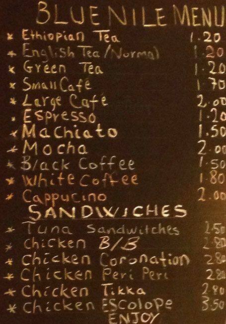 Menu at Blue Nile cafe, London, 300 Clapham Rd