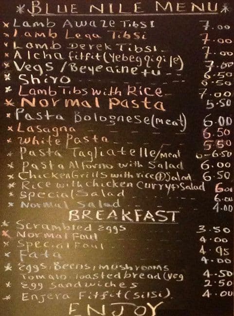 Menu at Blue Nile cafe, London, 300 Clapham Rd