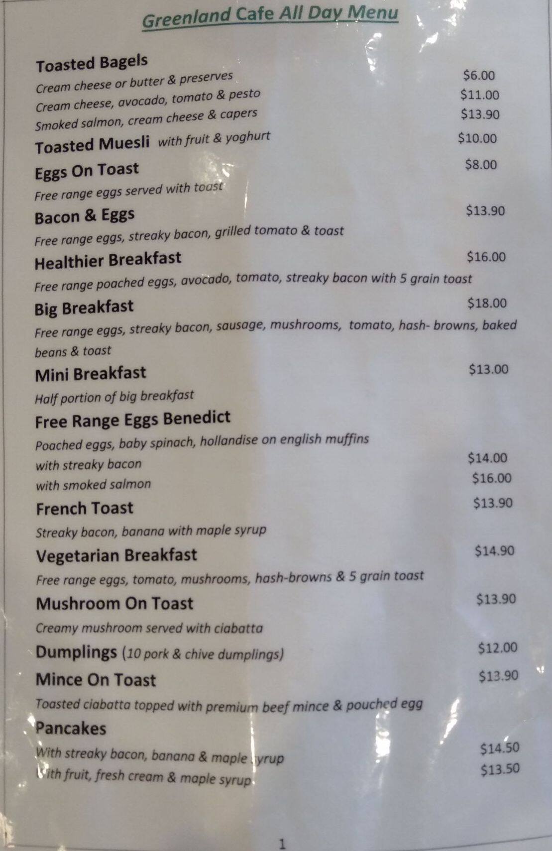 Menu at Greenland Cafe, Auckland, 18 Moore St