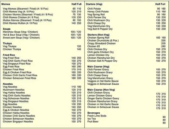 Menu of Wow! Chinese, Anand Vihar, New Delhi