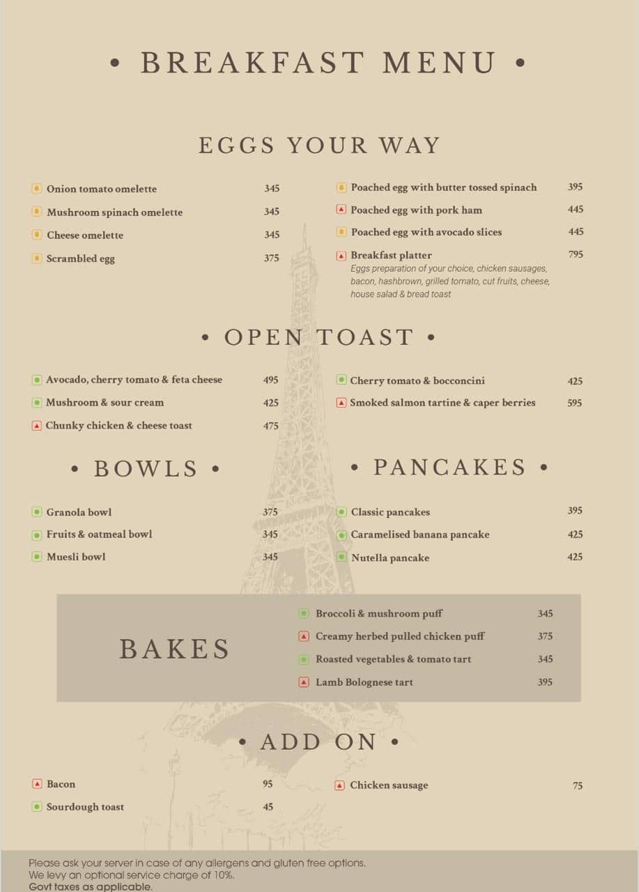 Menu of Parisian, Sector 58, Gurgaon