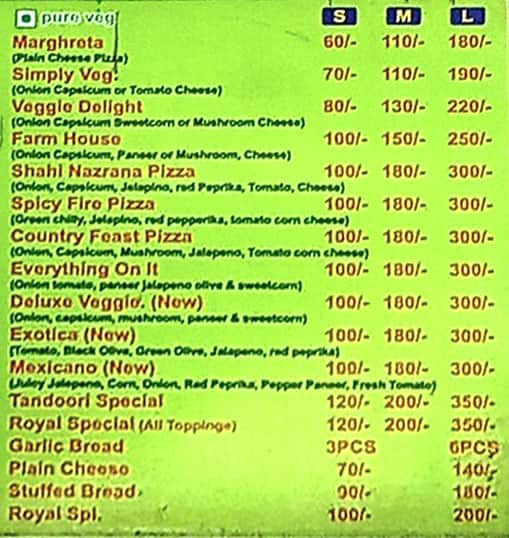 Menu of The Royal Pizza, Inderlok, New Delhi