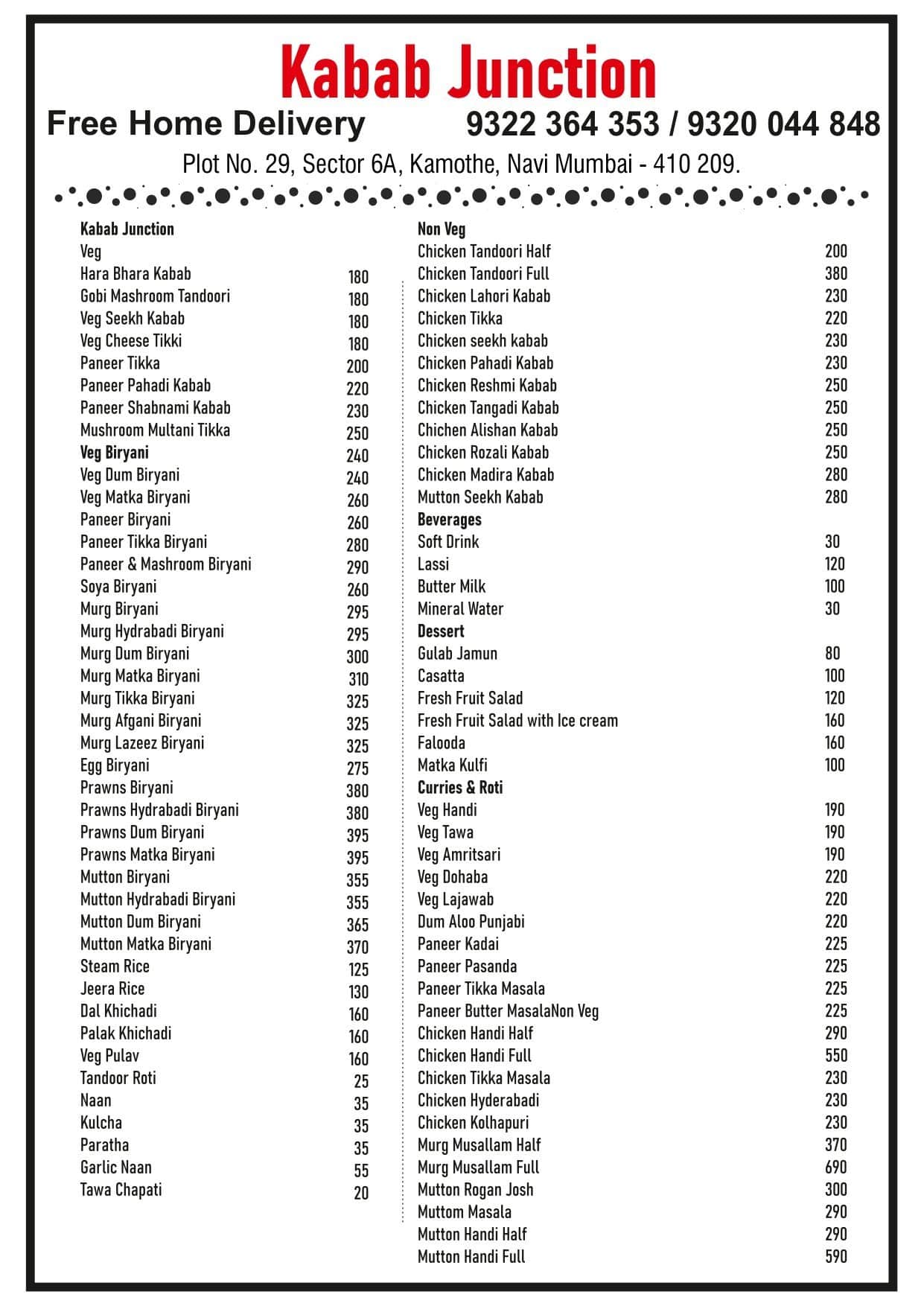 Menu of Kebab Junction, Kamothe, Navi Mumbai