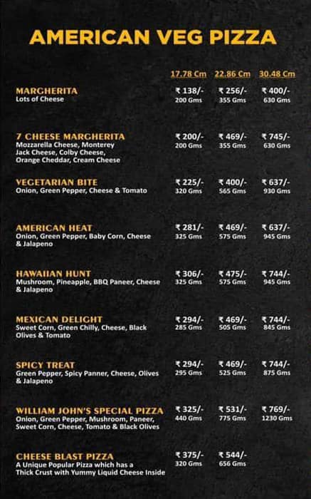 Menu of William John's Pizza, Makarpura, Vadodara