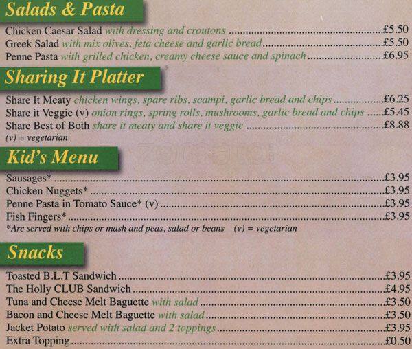 Menu at The Holly Tree pub & bar, London, 141 Dames Rd