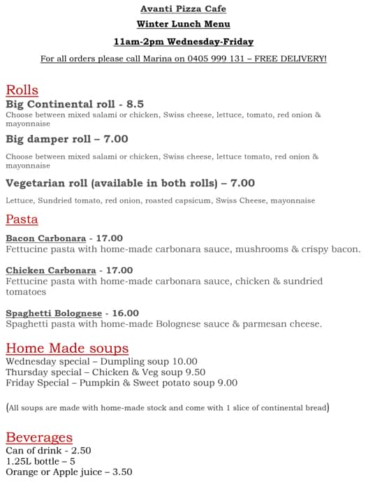 Menu at Avanti Pizza Cafe, Victoria Park