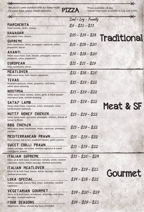 Menu at Avanti Pizza Cafe, Victoria Park