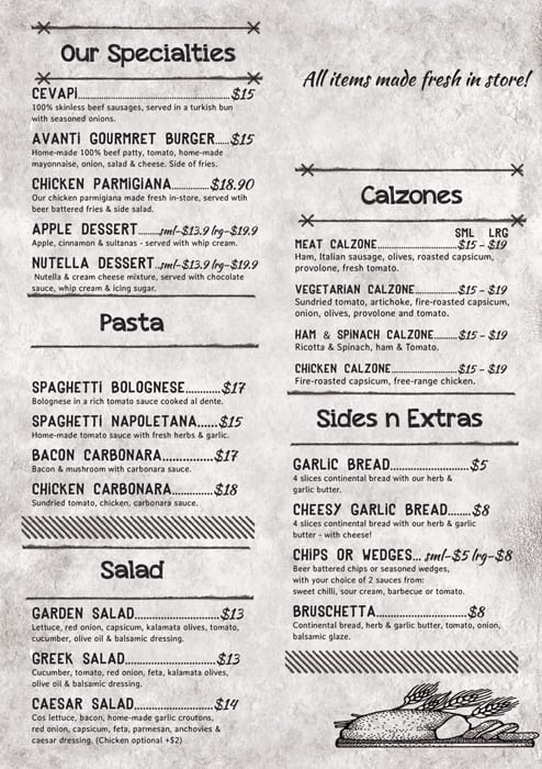 Menu at Avanti Pizza Cafe, Victoria Park