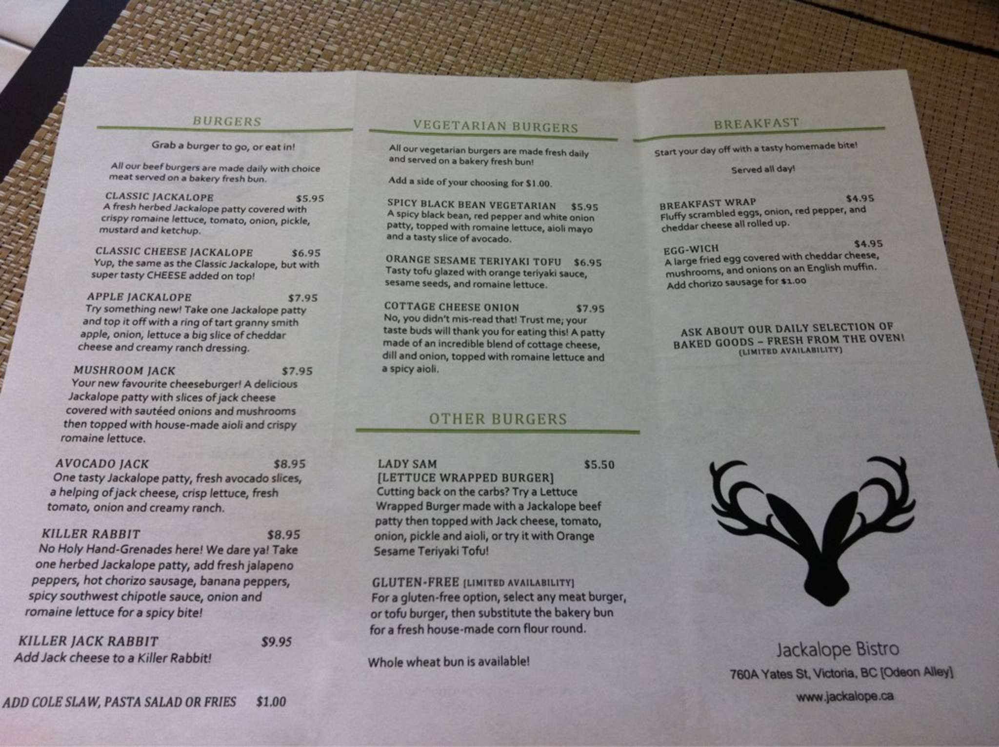Menu at Jackalope Bistro restaurant, Victoria