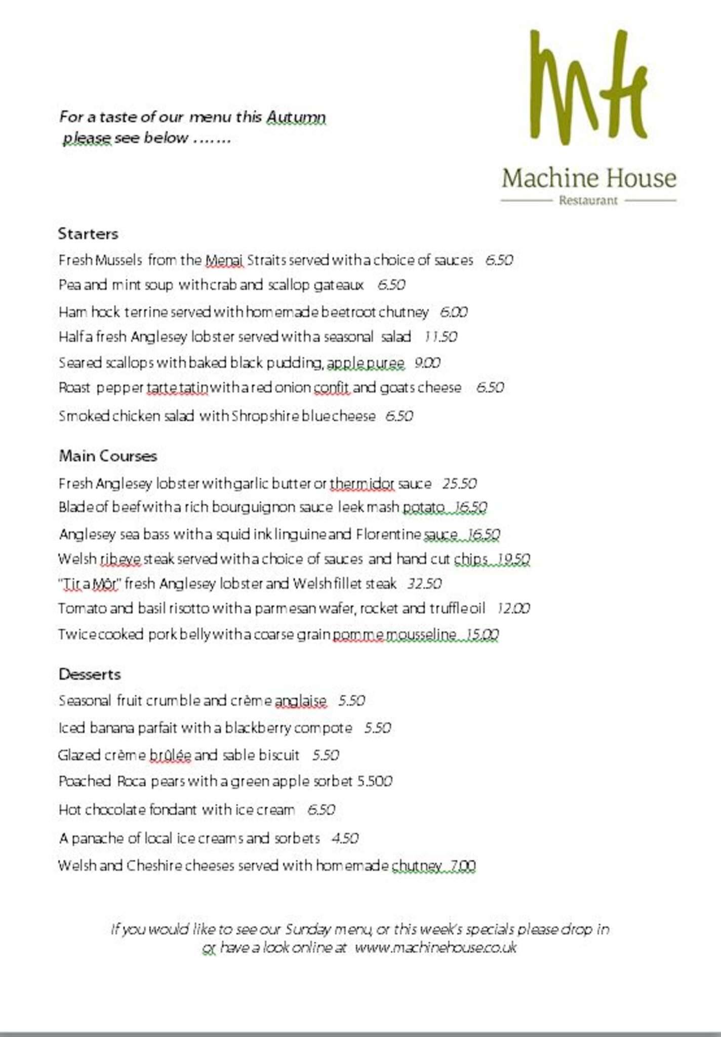 Menu at Machine House Restaurant, Rossett, Machine House