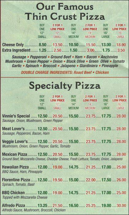 Menu at Vince's Pizza pizzeria, Niles, N Greenwood Ave