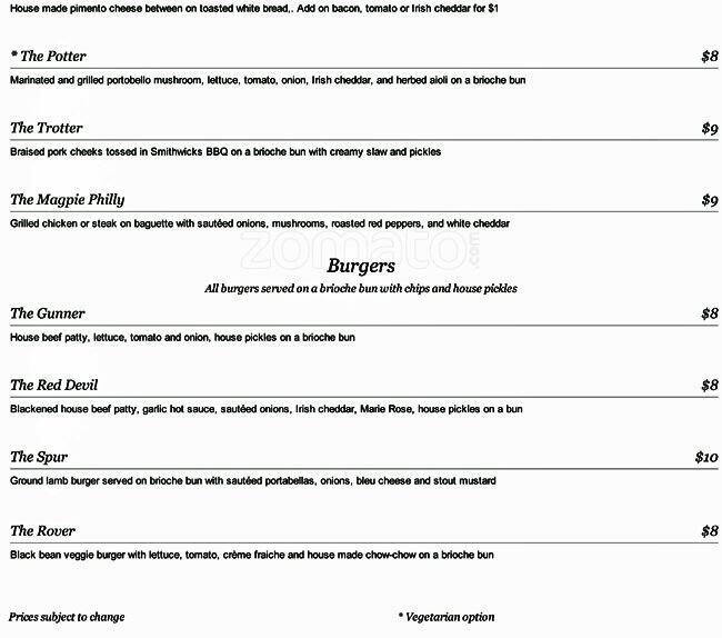 Menu at The Elder Tree Public House, Atlanta