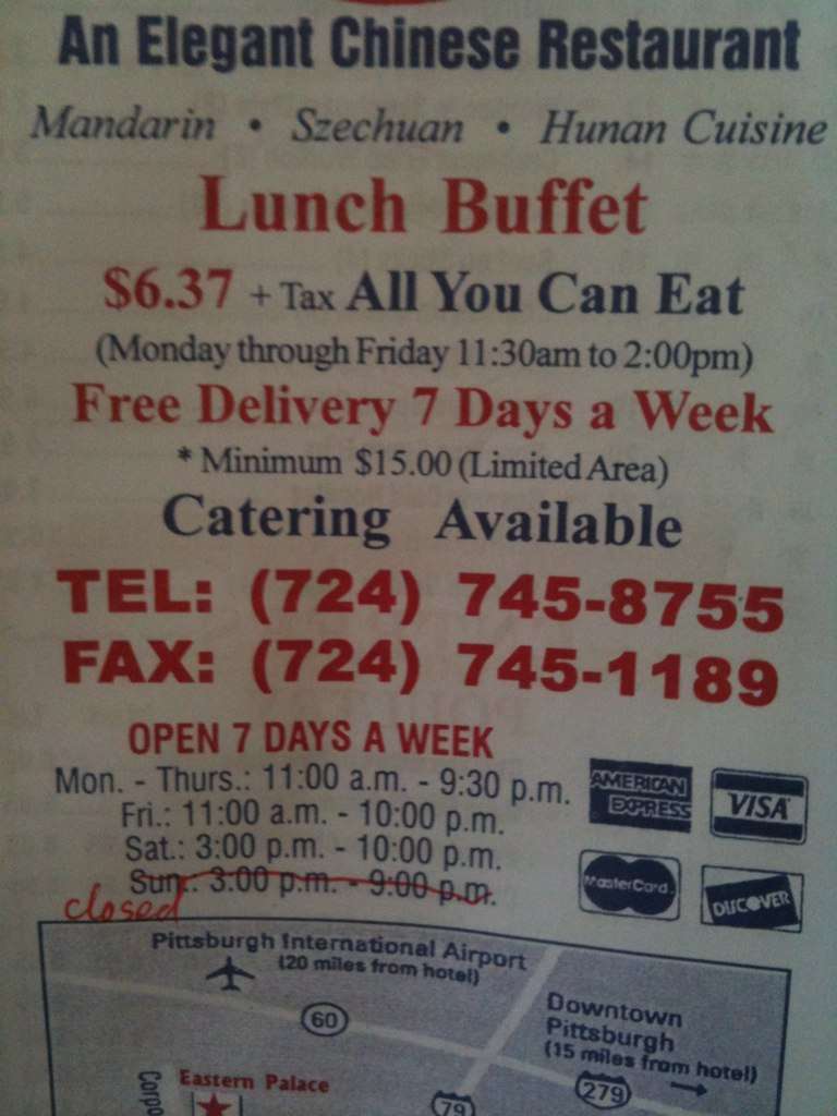 Menu at Eastern Palace restaurant, Canonsburg