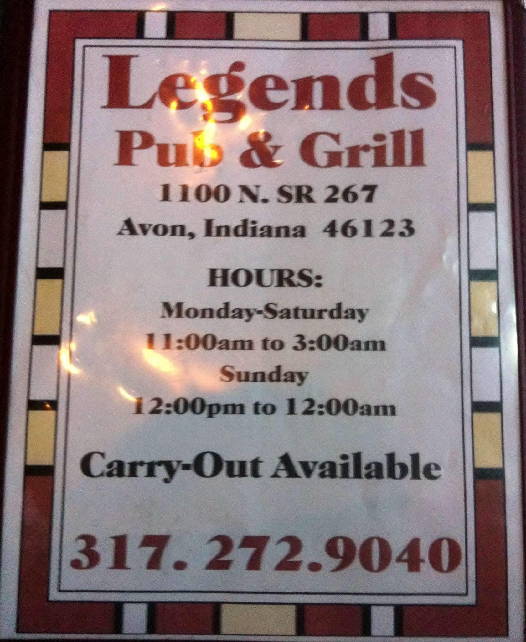 Menu at Legends Pub & Grill, Avon