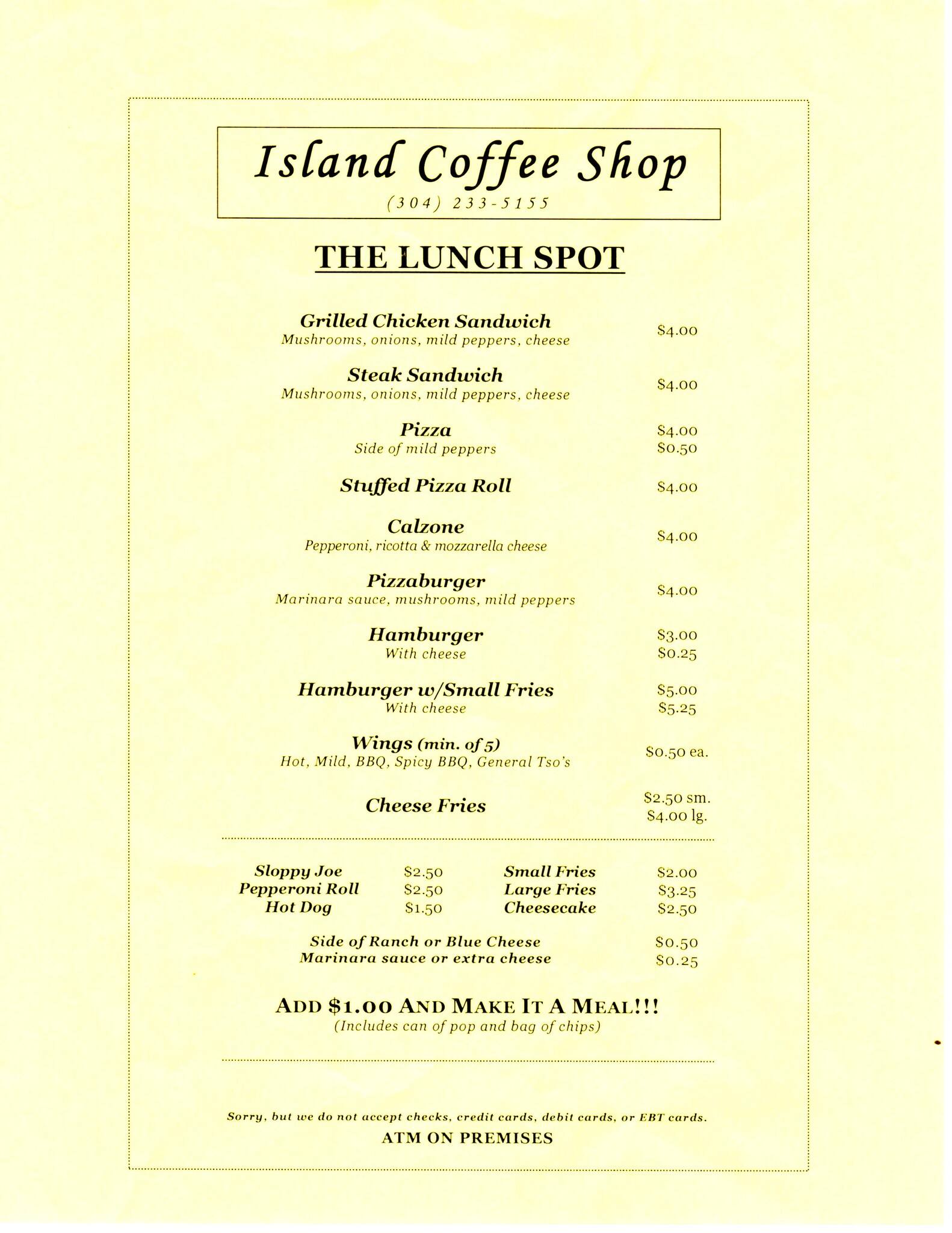 Menu at Island Coffee restaurant, Wheeling