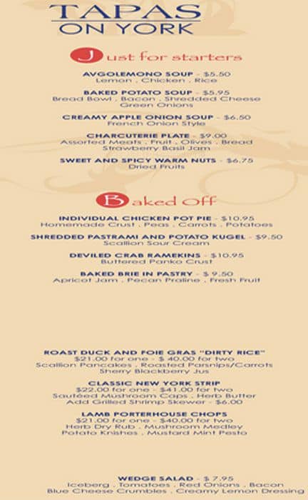 Menu at Tapas On York restaurant, Jamison