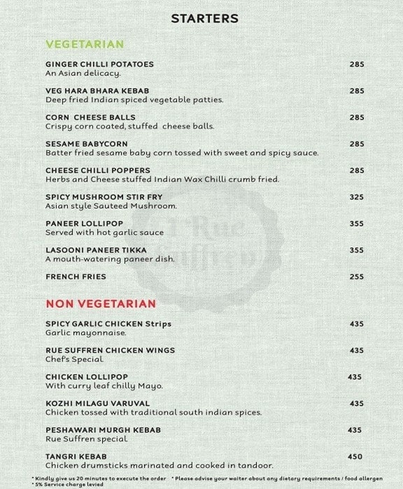 Menu of 1 Rue Suffren, White Town, Puducherry