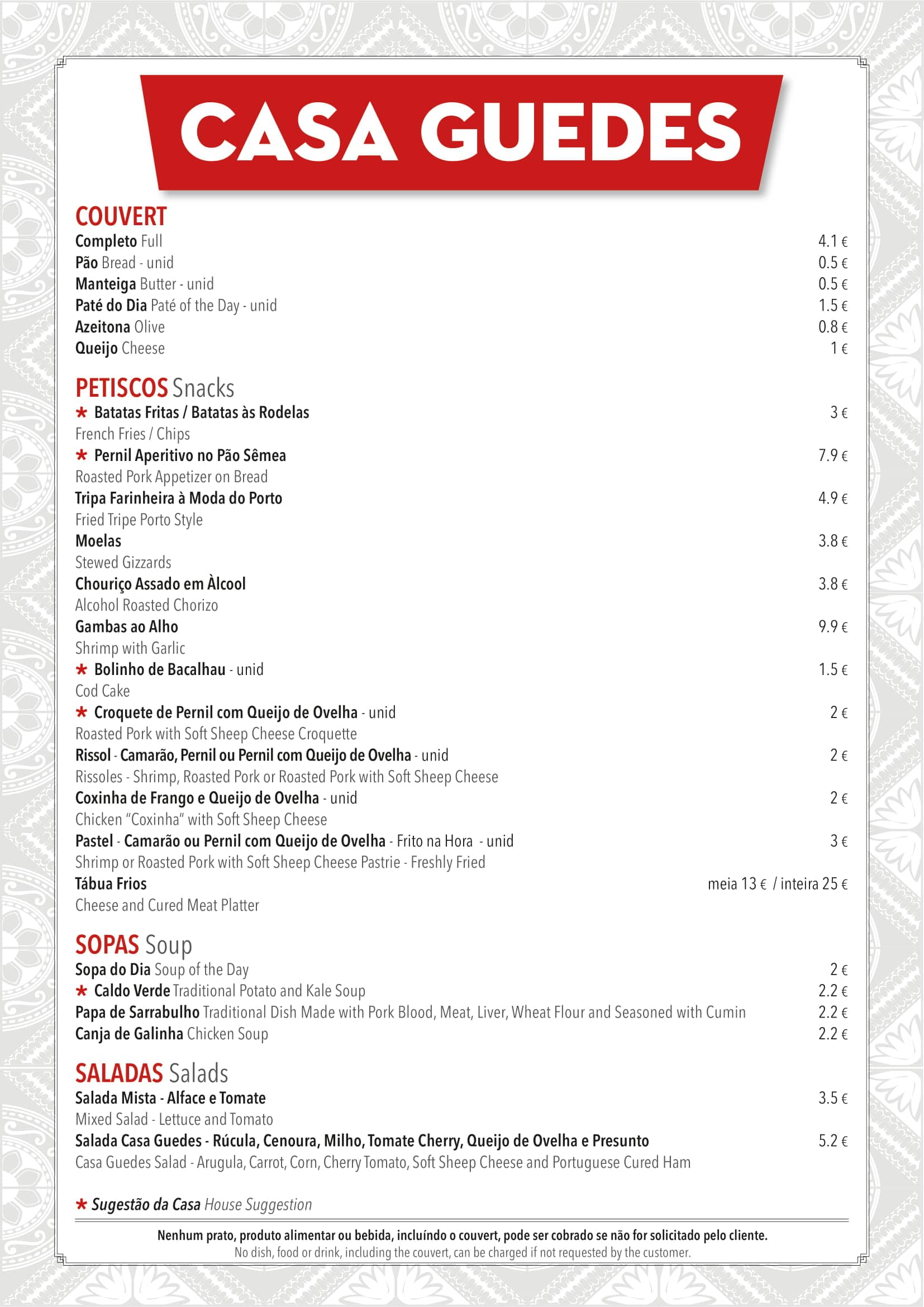 Carta del restaurante Casa Guedes Rooftop, Oporto