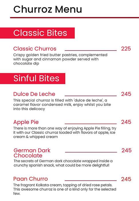 Menu of Churroz, Hennur, Bangalore