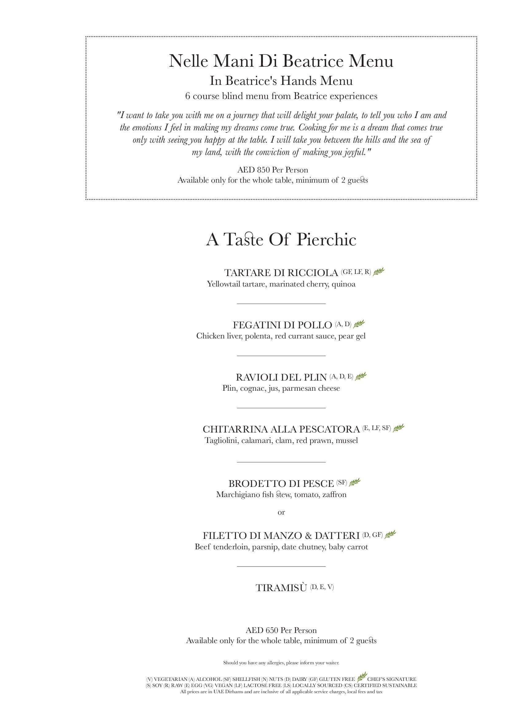 Menu of Pierchic - Jumeirah Al Qasr, Madinat Jumeirah, Dubai