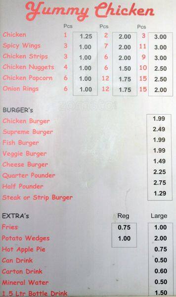Menu at Yummy Chicken restaurant, London, 60A Battersea Park Rd