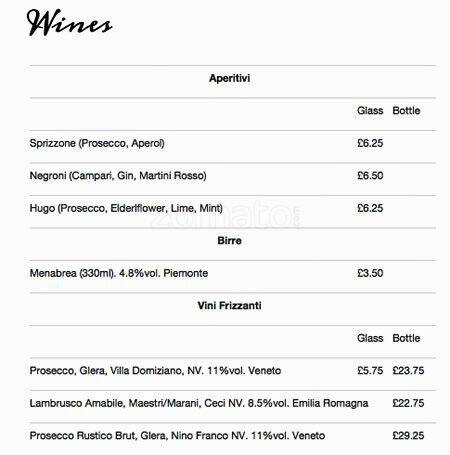 Menu at Pentolina restaurant, London