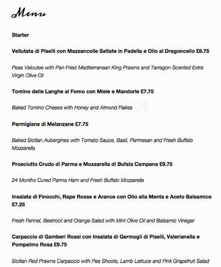 Menu at Pentolina restaurant, London