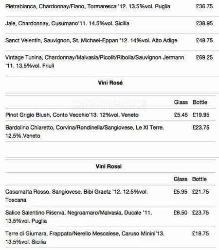 Menu at Pentolina restaurant, London