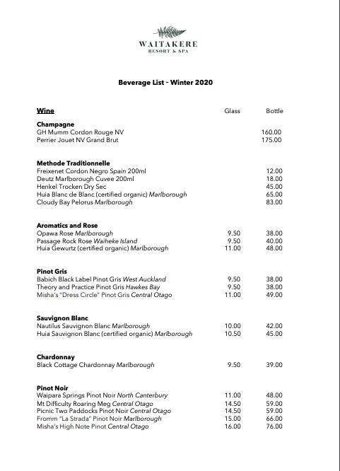 Menu at Waitakere Resort & Spa restaurant, Auckland